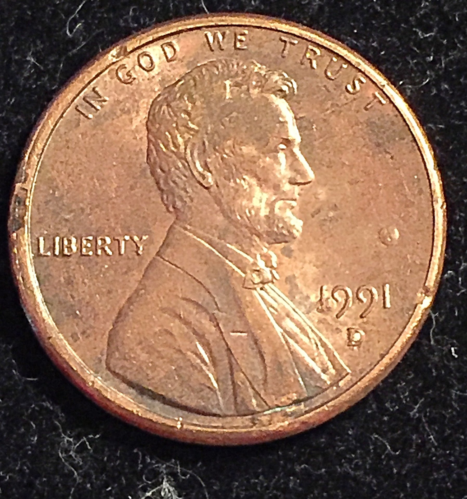 1991 D Penny Error Town green